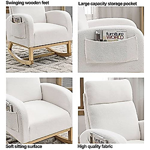 JEEOHEY Nursery Rocking Chair, Modern Upholstered Teddy Fabric Rocker Glider Chairs Single Sofa Chair Leisure Armchair with Solid Wood Legs, Side Pockets, White