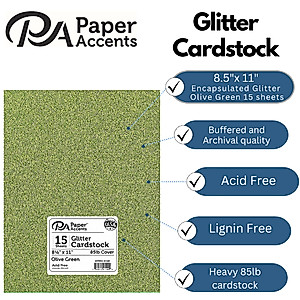 PA Paper Accents Glitter Cardstock 8.5" x 11" Olive Green, 85lb colored cardstock paper for card making, scrapbooking, printing, quilling and crafts, 15 piece pack