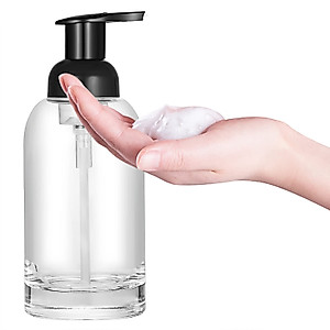 CHBKT Thick Clear Glass Jar Soap Dispenser with Foaming Pump, 13 Ounce Clear Round Bottles Dispenser with Foaming Pump (Black)