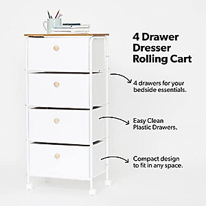 Dormify 4 Drawers Storage Organizer on Wheels | Storage Tower with Wood Top | Nightstand Organizer | Tall Skinny Dresser for Closet | 17" W x 18" D x 38" H | White| Dorm & Bedroom Essential
