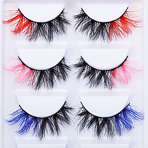gootrades 2023 5 Pairs Colored False Eyelashes Pack, 3D Fluffy Faux Mink Color Eye Lashes Strip Wipsy Multicolored Two-Toned Fake Lashes for Daily Christmas Cosplay, Red/Pink/Blue/Green/Purple Lashes on the End