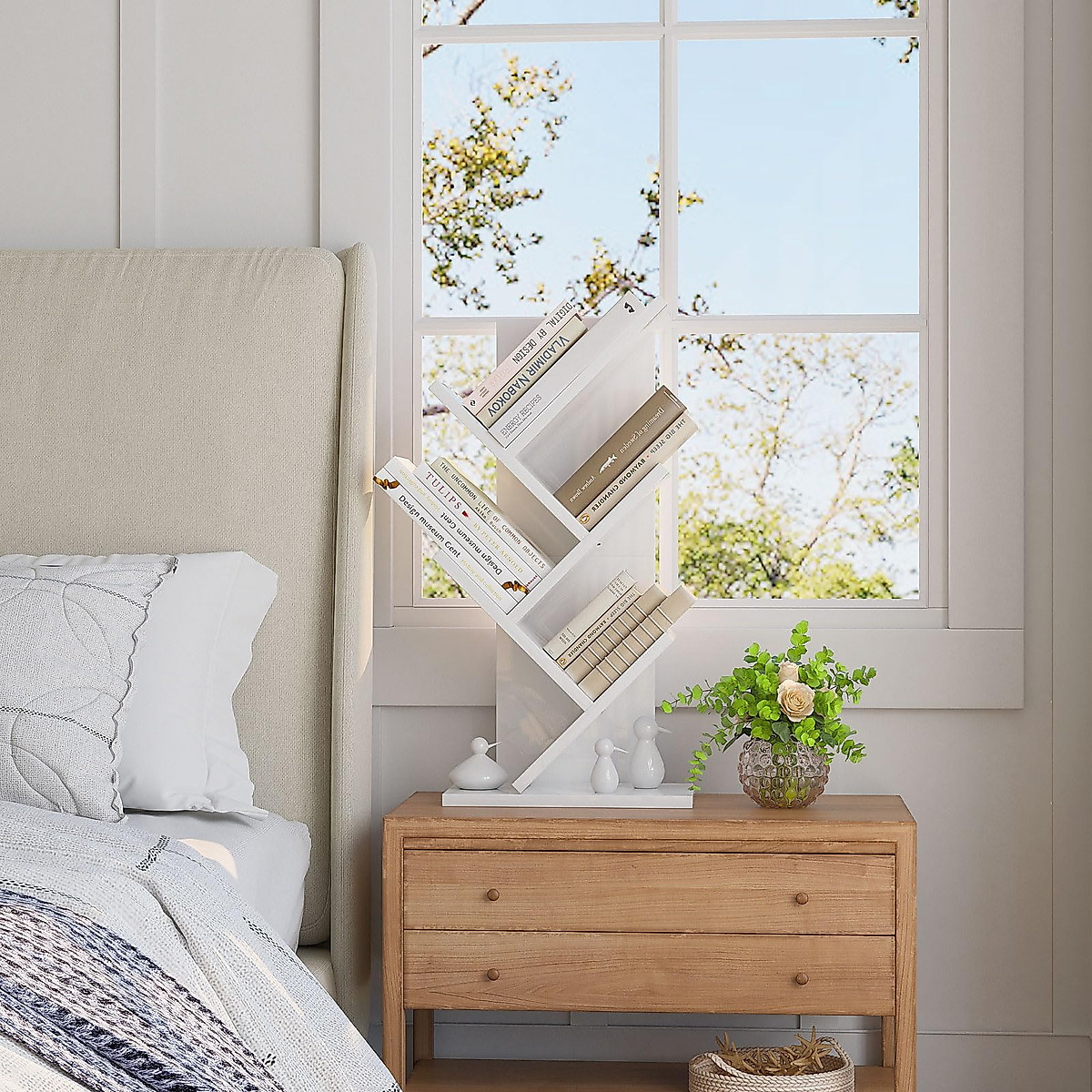 YMYNY 4 Tier Tree Bookshelf, Small Bookcase, Modern Wood Book Storage Rack, Freestanding Book Shelf for Books/Movies/CDs, Narrow Display Rack for Living Room, Home Office, Rustic Brown UHBC014H