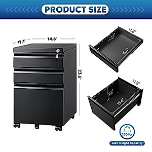 DEVAISE 3 Drawer Mobile File Cabinet with Lock, Under Desk Metal Filing Cabinet for Legal/Letter/A4 File, Fully Assembled Except Wheels, Black