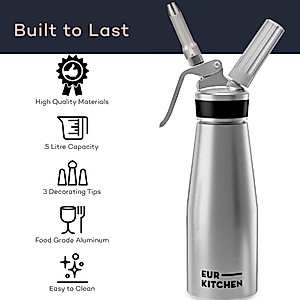 EurKitchen Professional Aluminum Whipped Cream Dispenser - Leak-Free Whip Cream Maker Canister with 3 Decorating Nozzles & Cleaning Brush - 1-Pint / 500 mL Cream Whipper - N2O Chargers (Not Included)