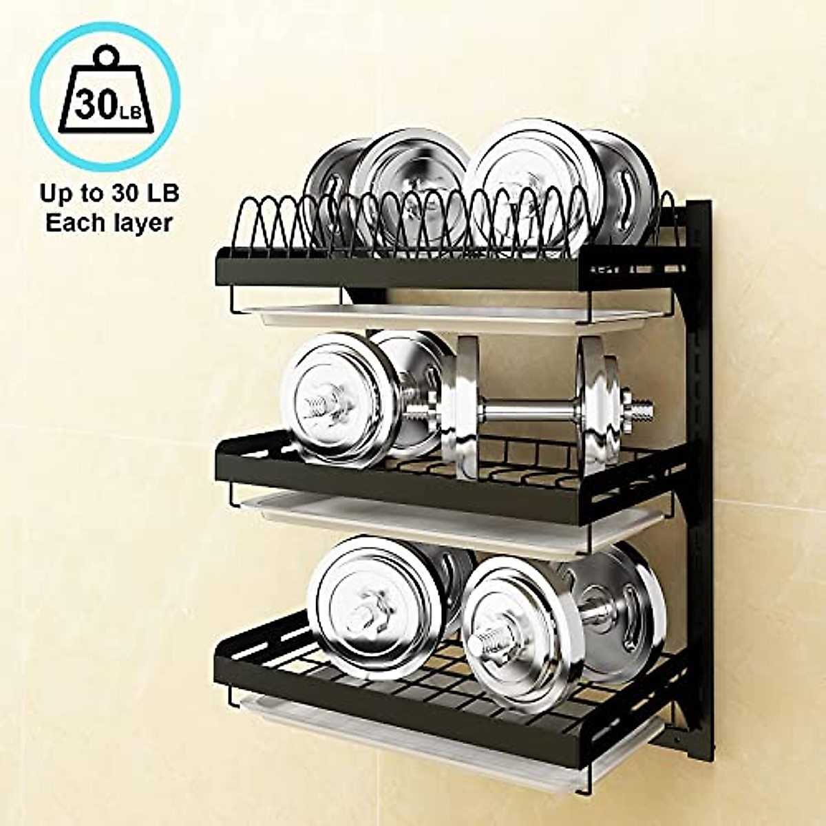 Supfirm Wall Mounted Stainless Steel Dish Drying Rack Fruit Vegetable Storage Basket with Drainboard and Hanging Chopsticks Cage Knife Holder Kitchen Supplies Shelf Utensils Organizer (3-Tier)