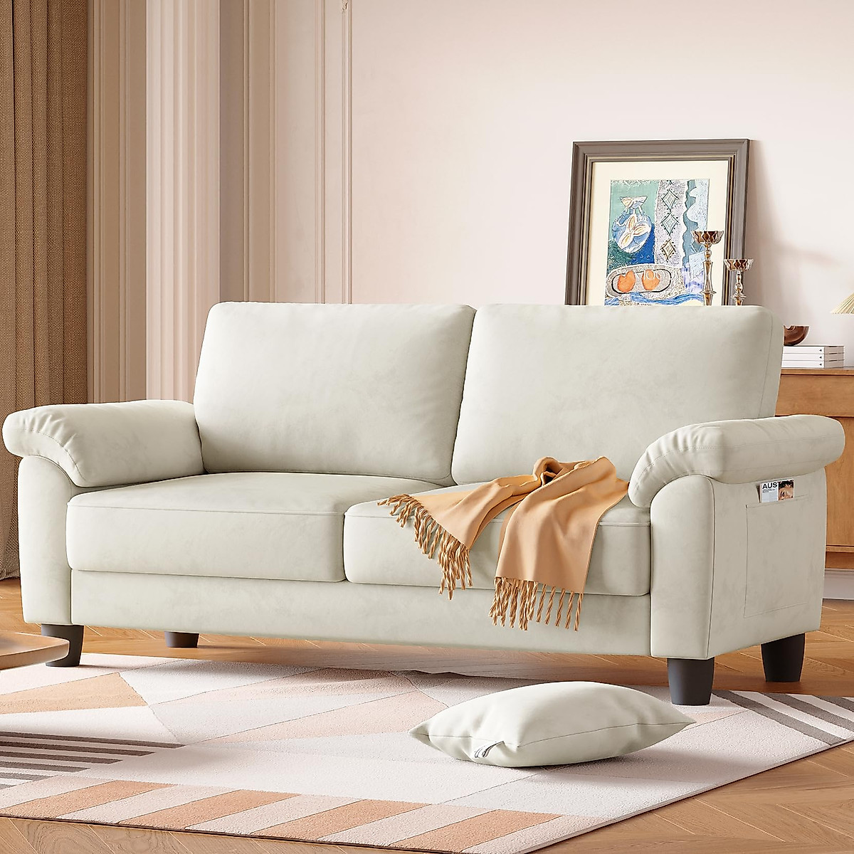 70" Living Room Couch Sofa, Mid Century Modern Loveseat with Storage Bag, Velvet Deep Couches for Small Spaces, Bedroom, Apartment, Office, Removable Sofa Cover Spring Cushions, Easy to Install, Beige