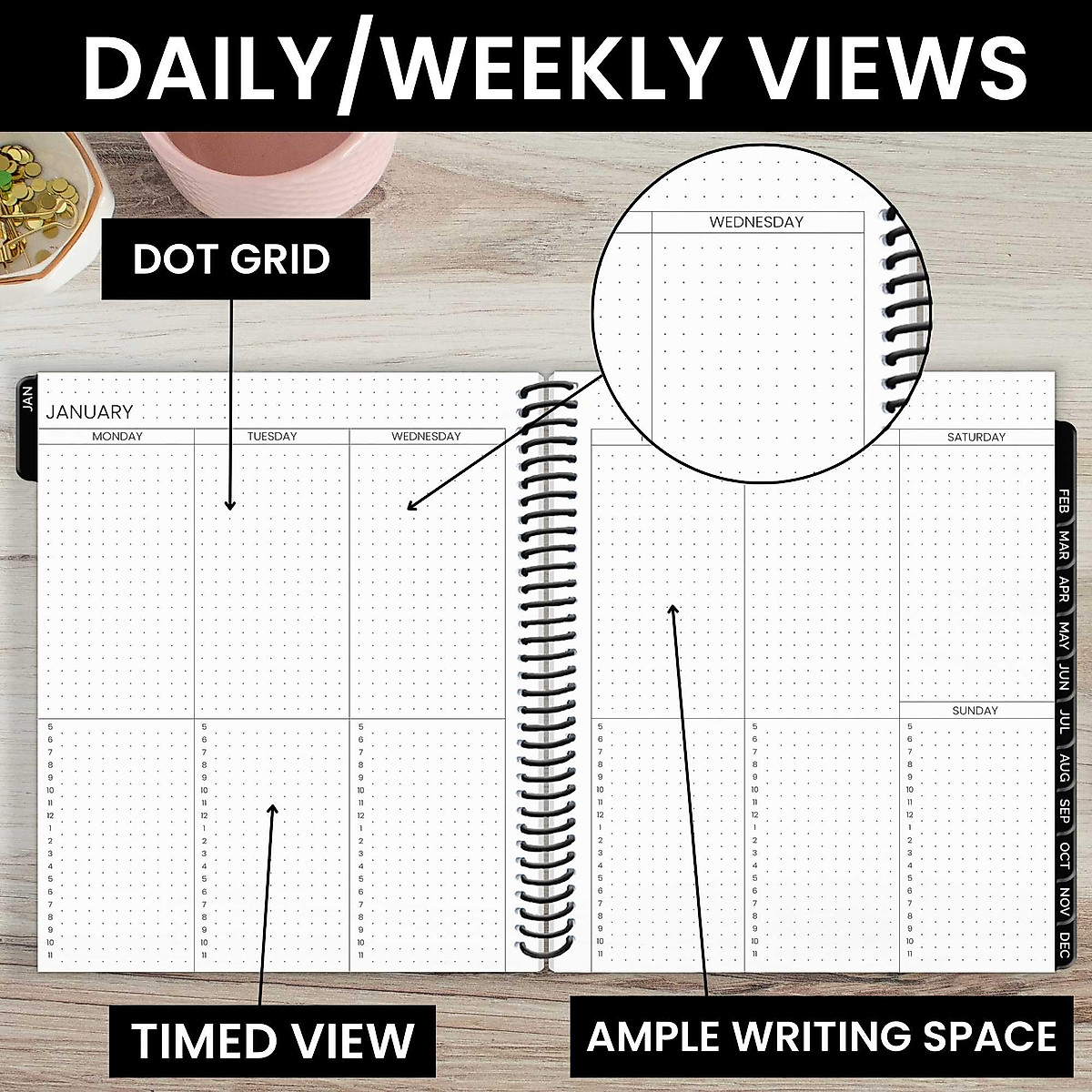 bloom daily planners Undated Dot Journaling Calendar Planner - Essential Weekly/Monthly Grid Style Agenda Book (7" x 9") - V2