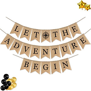 SWYOUN Burlap Let the Adventure Begin Banner Adventure Awaits Travel Themed Party Supplies Baby Shower Graduation Retirement Party Mantle Fireplace Decoration
