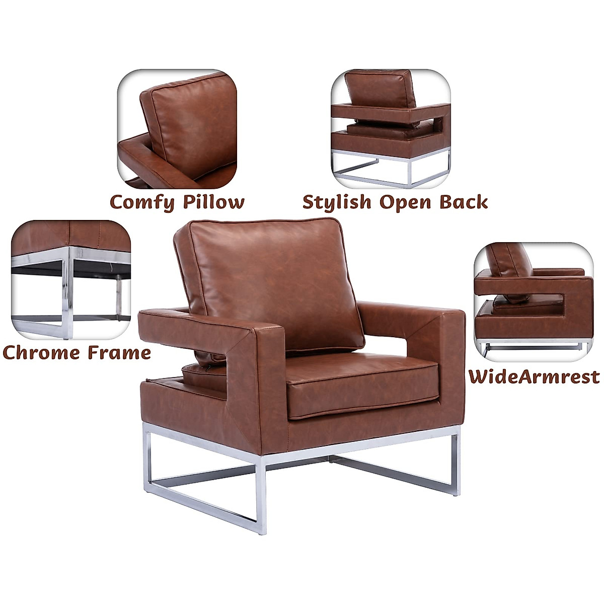 CIMOO Leather Accent Chair with Back for Living Room, Modern Armchair for Bedroom Tufted Single Sofa Chair Upholstered Comfy Reading Chair Extra Wide Arm Chair with Sliver Legs, Brown