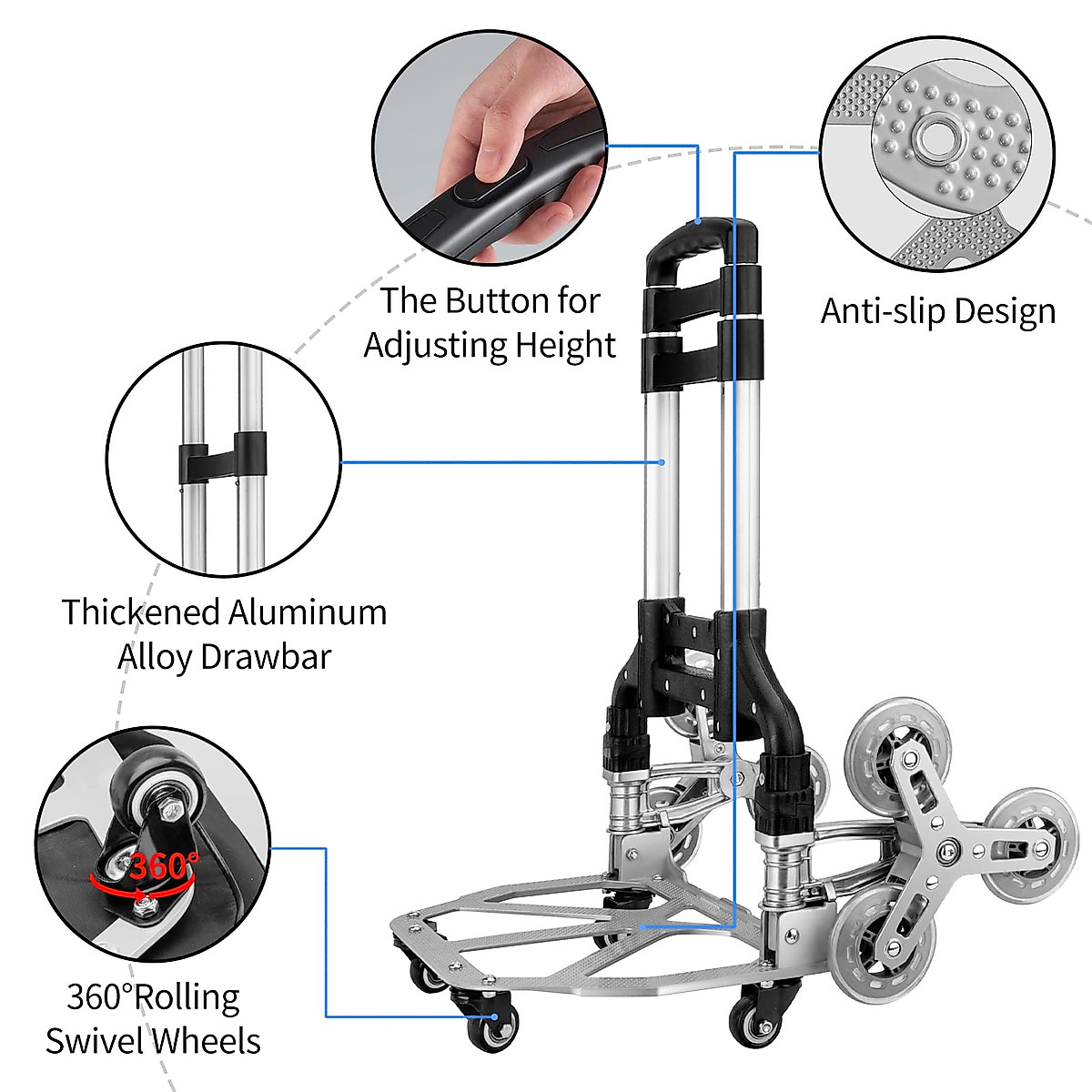 Folding Hand Truck Stair Climbing Cart Heavy-Duty Portable Luggage Trolly for Moving Aluminum Alloy Hand Carts with 6 Crystal Wheels & 4 Universal Wheels Delivery Cart for Shopping Groceries