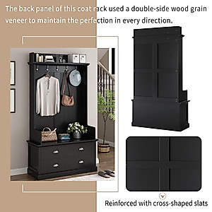 Aisurun Vintage 38.5" Wide Hall Tree Coat Rack Coat Hanger with 5 Hooks, 2 Large Drawers & 1 Top Shelf, Storage Bench Entryway Bench for Hallway Living Room (Black)