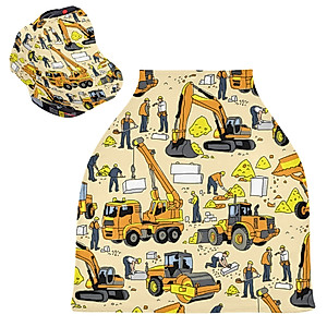 YYZZH Construction Car Building People Pattern Stretchy Baby Car Seat Cover Infant Canopy Nursing Covers Breastfeeding Cover Breathable Windproof Winter Scarf for Boys Girls