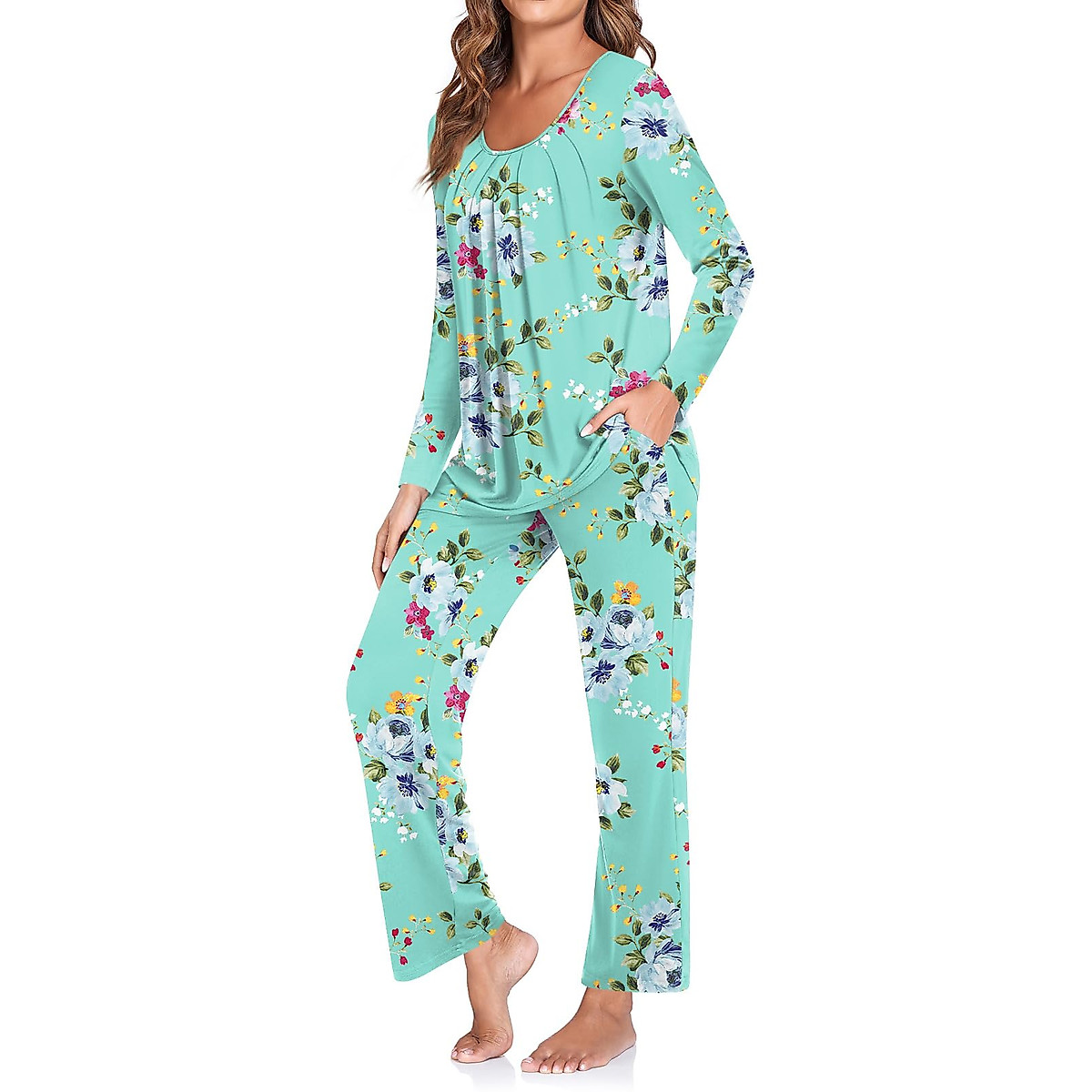 TAOHUADAO Women's Fall Pajamas Set with Pockets Soft Pants with Long Sleeve Top Ladies Sleepwear Plus Size Pjs Loungewear L, Mint Green