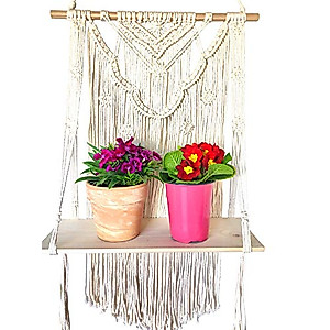 GregCo Handmade Macrame Wall Hanging Shelf - Decorative Floating Bohemian Shelf for Plants, Books and Vases - Woven and Handmade Display Shelving Unit for Homes or Office