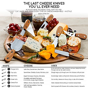 Harvest 6-Piece Cheese Knife Set (Gift-Ready) - Premium Stainless Steel Cheese Knives with Rivets, Full Tang Blades and Teak Wood Handle Charcuterie Board Accessories w/ 15 Festive Recipes