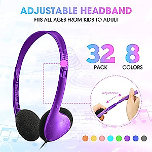 Bulk Headphone Earphones 32 Pack for School Headphones with 3.5 mm Headphone Plug for School Classroom Library Students Kids Children Teen and Adults (Multicolor)