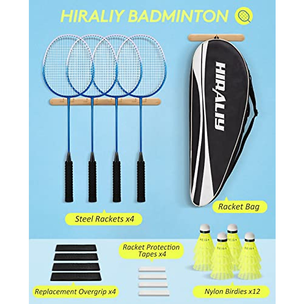 HIRALIY Badminton Rackets Set of 4 for Outdoor Backyards Games, Including 4 Rackets, 12 Nylon Shuttlecocks, 4 Replacement Grip Tapes (Blue)