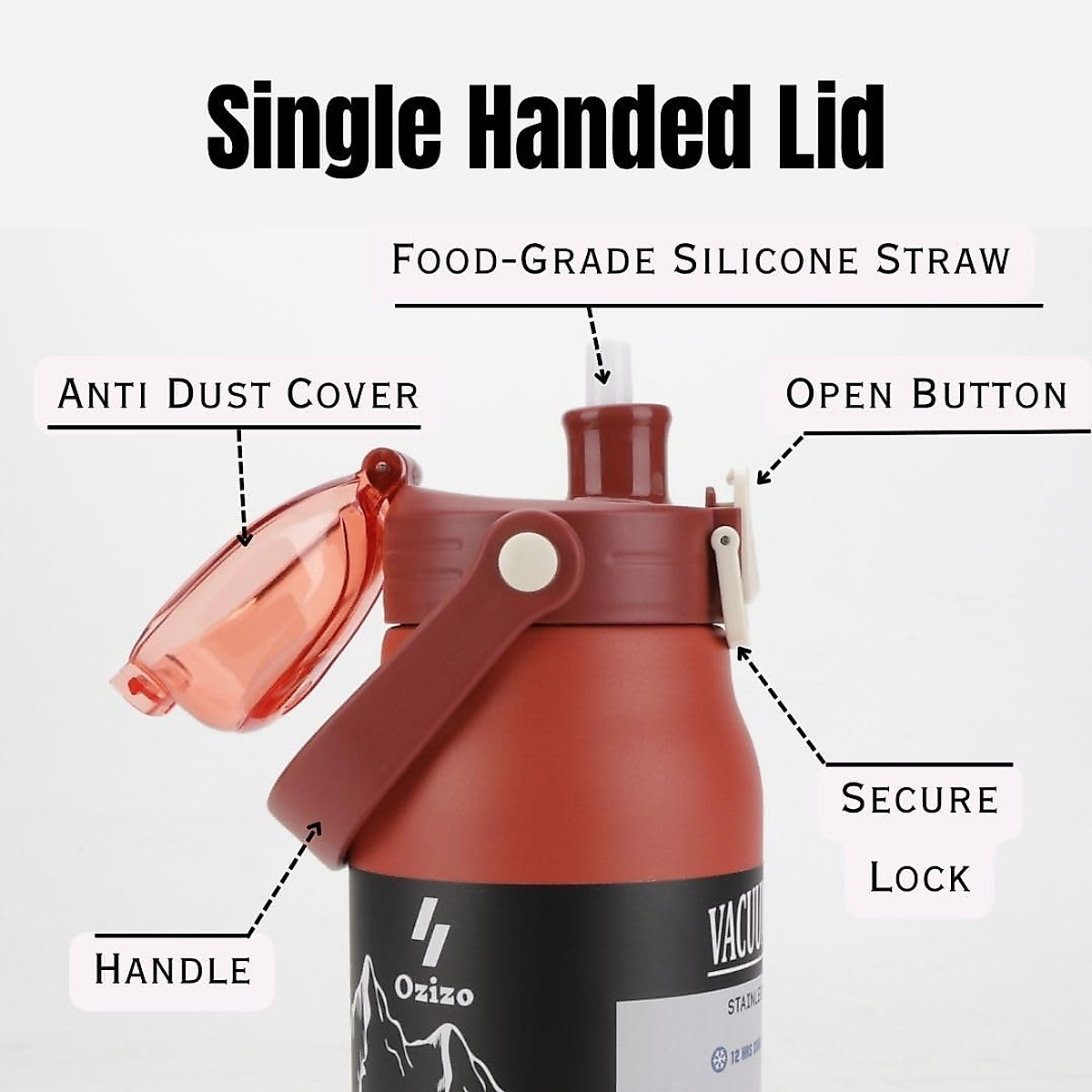 Insulated Water Bottle, 44 oz Thermos with Handle, Stainless Steel Water Bottle with Straw, Ozizo Thermos with Leakproof Lid