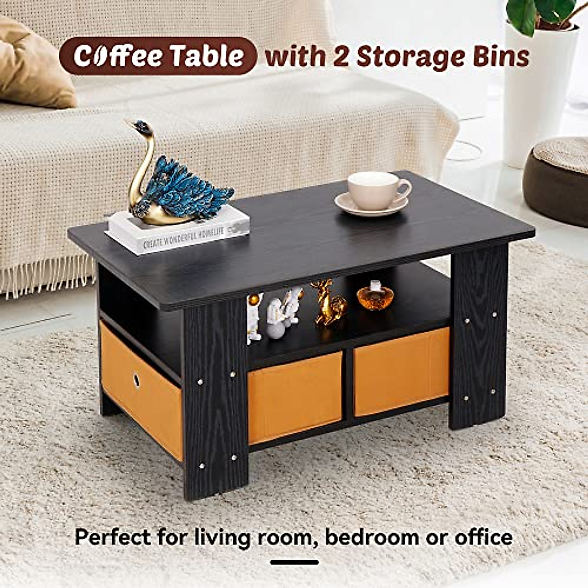 ZenStyle Coffee Table with Bin Drawer, Wood Compact Coffee Table with 2 Foldable Storage Baskets for Home Living Room Office Bedroom, 31.5 Inch Black