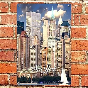 Personalized Metal Tin Sign Skyline New York City Landscape Home Décor Garage Signs for Front Door Outside House USA Street Painting State Building Art Poster Gift for Bathroom 12x18in