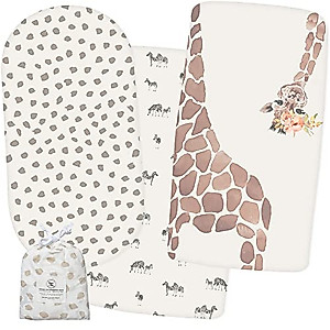 POPPI & MAX: 100% Organic Bassinet Sheets – Premium Jersey Cotton Bassinet Sheet Set | Fitted Baby Sheets for Standard Bassinet Pads | Bassinet Cover | Safari Giraffe
