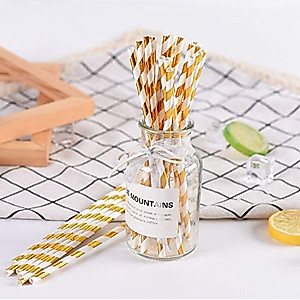 Shining Gold Striped Paper Straws, 100Percent Biodegradable Decorate Straws, Premium Cocktails Straws for Drinking, Juice, Smoothie Packed 100, 6x197mm