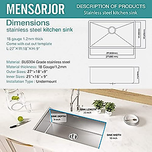 MENSARJOR Undermount Sink， 27" x 18" Single Bowl Kitchen Sink Undermount Stainless Steel Kitchen Sink, Bar or Prep Kitchen sink