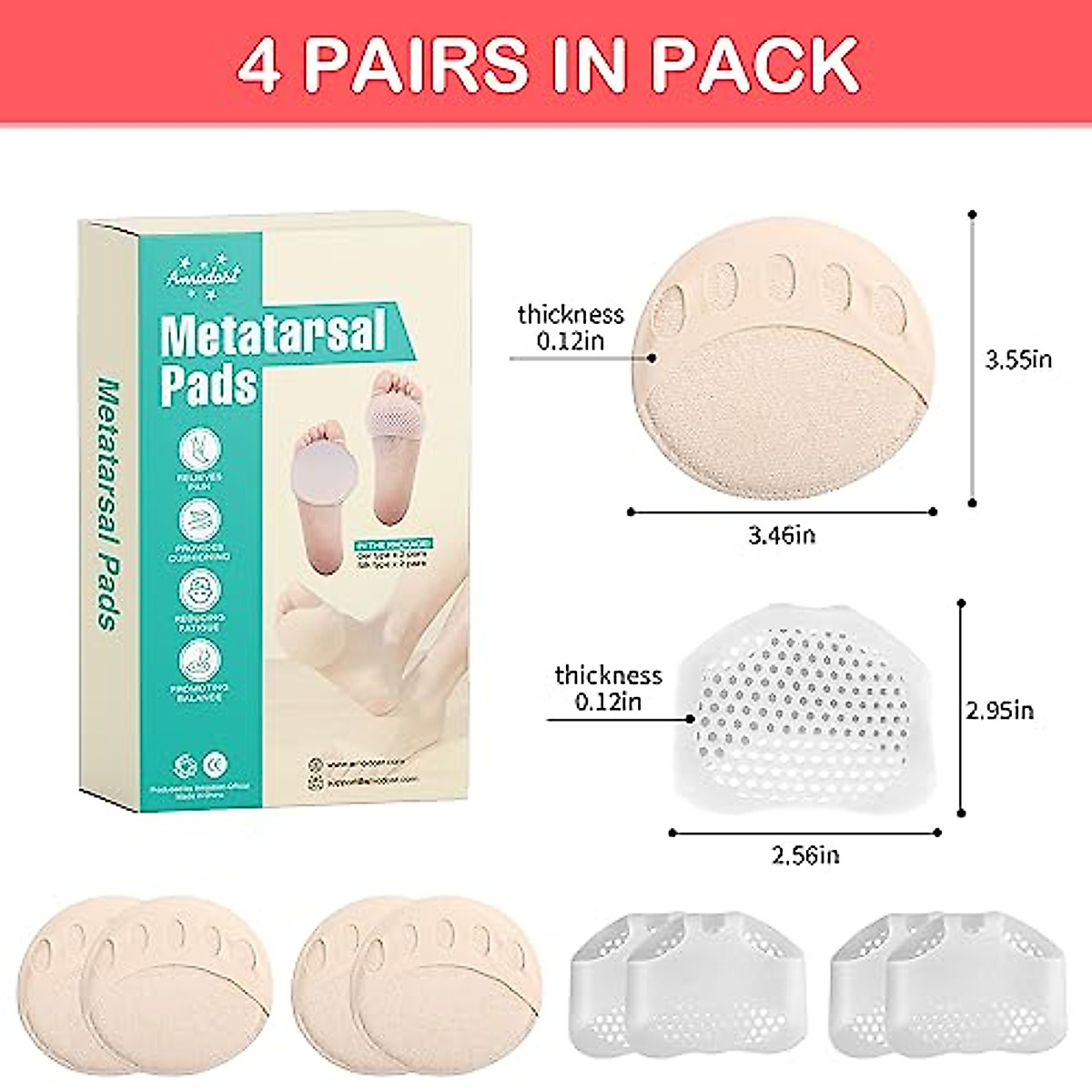 Metatarsal Pads for Women and Men - AMODOST Ball of Foot Cushions Shoe Pads for High Heels - Soft Gel and Silk Reusable Forefoot Heel Pads Feet Pain Relief - 4 Pairs