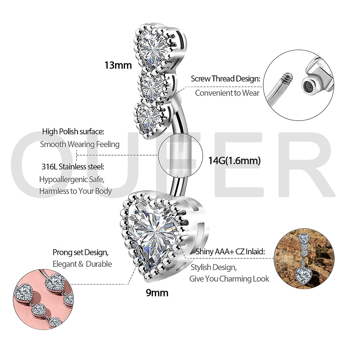 OUFER 3PCS Belly Button Rings, Heart Shaped Clear CZ Dangle Navel Rings, 316L Surgical Steel Belly Rings, Heart Dangle Belly Piercing Jewelry For Women And Men