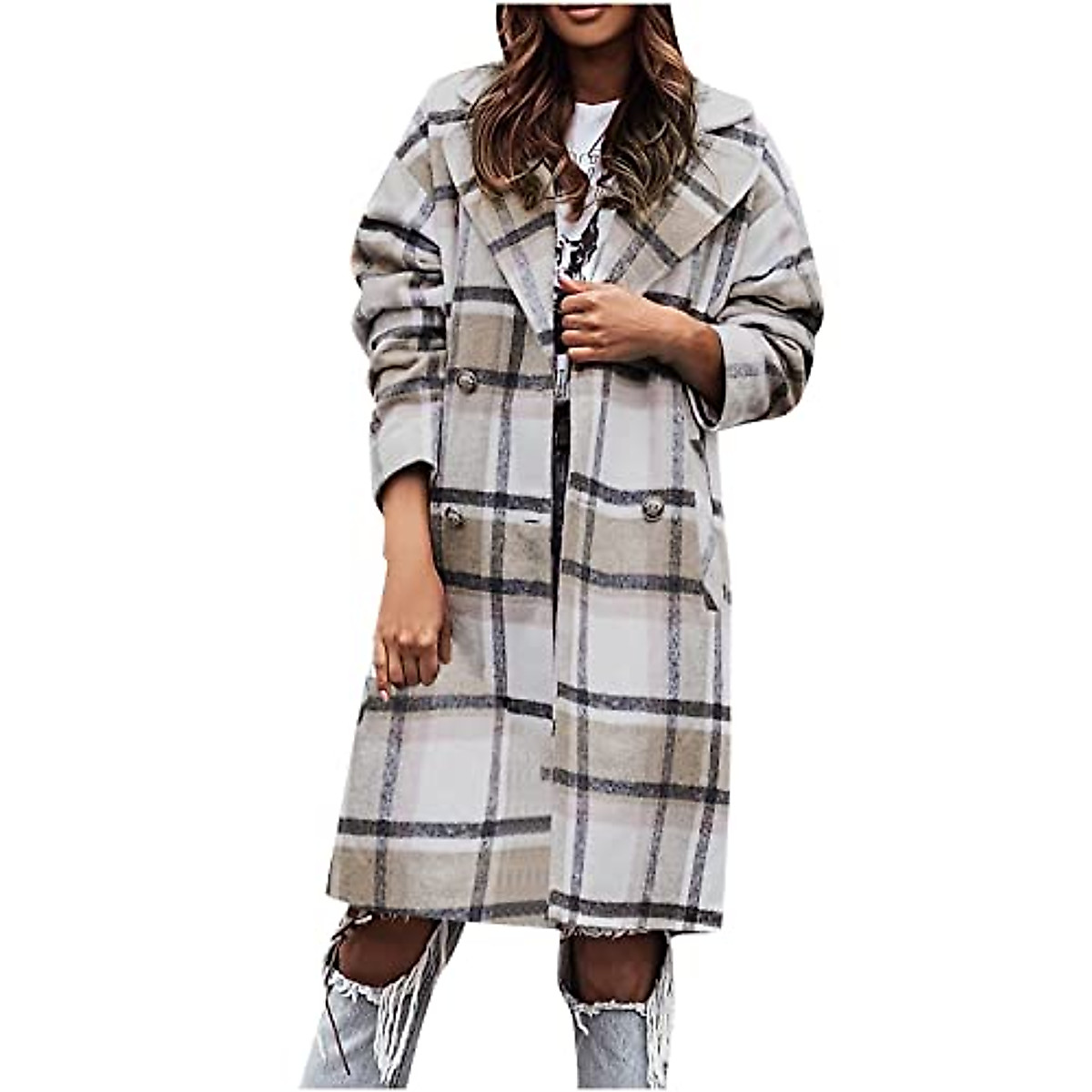 JLFNYA Chamarras Para Mujer,Womens Slim Fit Winter Coats Laple Long Sleeve Plaid Print Single Breasted Buckle Jackets Tops Woolen Fall Outwear