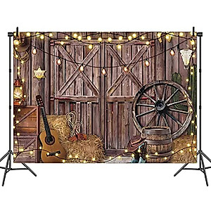 MAQTT Western Cowboy Photography Backdrop Rustic Farmhouse Wooden Barn Door Backdrop for Party Guitar and Lights Photo Background Children Birthday Party Decoration 7x5ft