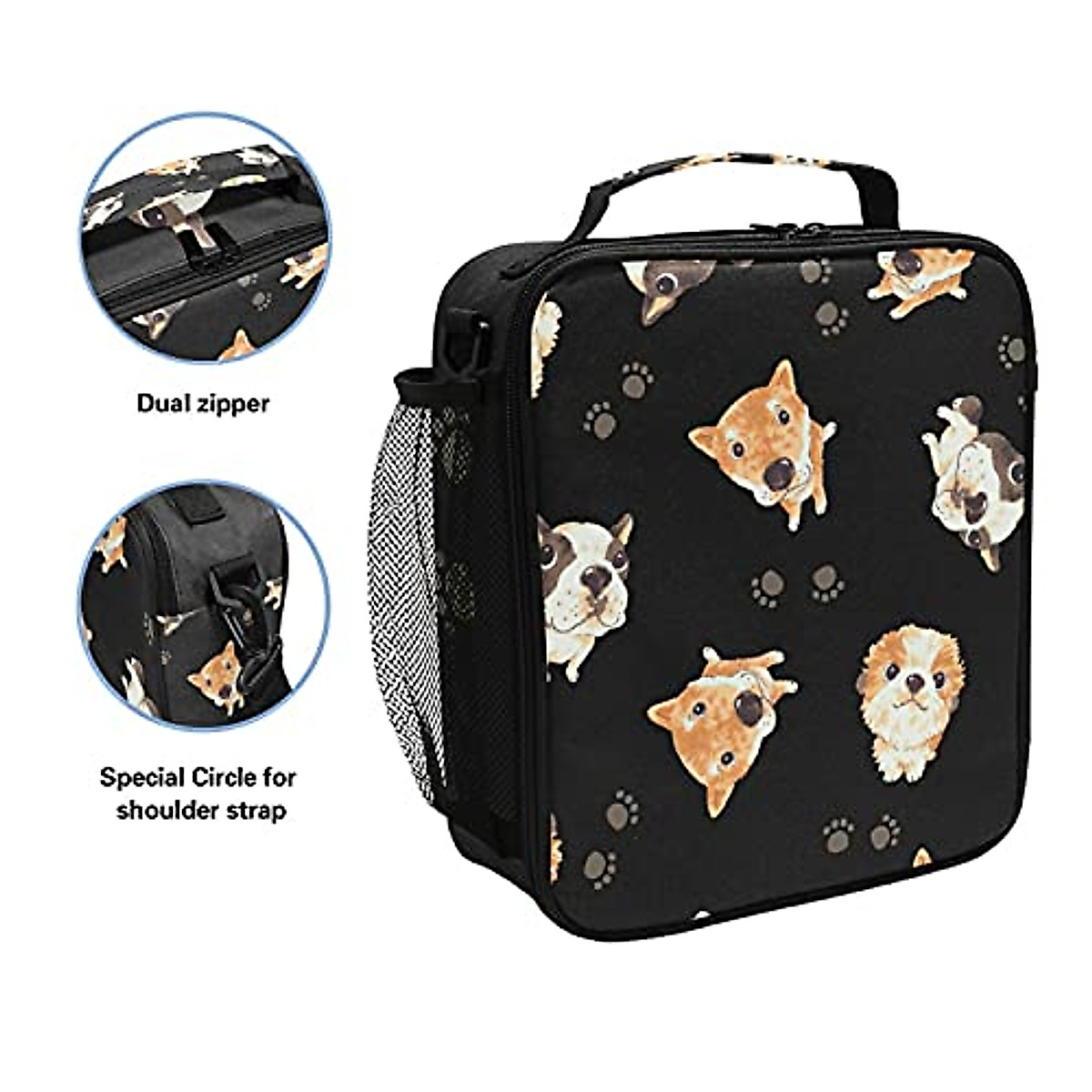 AUUXVA Cute Dogs Puppy Paw Print Insulated Lunch Box Bags for Women Men Kids Girls Tote Crossbody Thermal Lunch Container Food Carrier