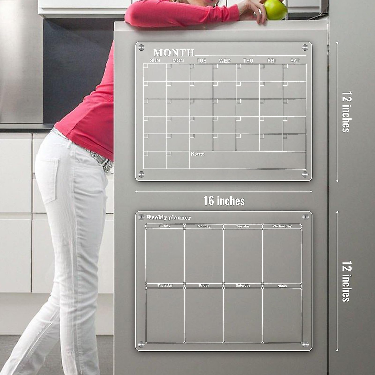 Amzone Acrylic Magnetic Calendar for Fridge 16"x12", 2 Set Monthly Weekly Dry Erase Board Planner for Refrigerator, Reusable Clear Calendar Includes Eraser and 6 Markers