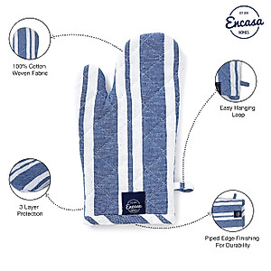 Encasa Homes Long 14" Oven Microwave Hand Gloves Mitts (2 pc Set) for Kitchen Cooking & Baking - Heat Resistant, Thick & Safe, Protection of Hands from Hot Utensils - Franca Blue Stripes