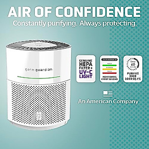 Germ Guardian AirSafe+ Intelligent Air Purifier with 360° HEPA 13 Filter, Captures 99.97% of Pollutants, Wildfire Smoke, Large Rooms, Air Quality Sensor, UVC Light, Zero Ozone Verified, White AC3000W