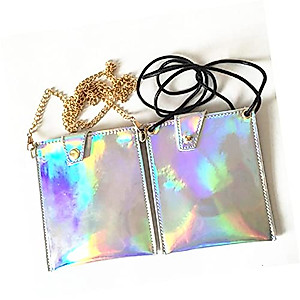 COLLBATH S - Cell Holographic with for Bag Size Hologram Clutch Pouch Girls Wallet Women Crossbody Cash Shoulder Phone Purse Leather Evening Handbag Chain Pu