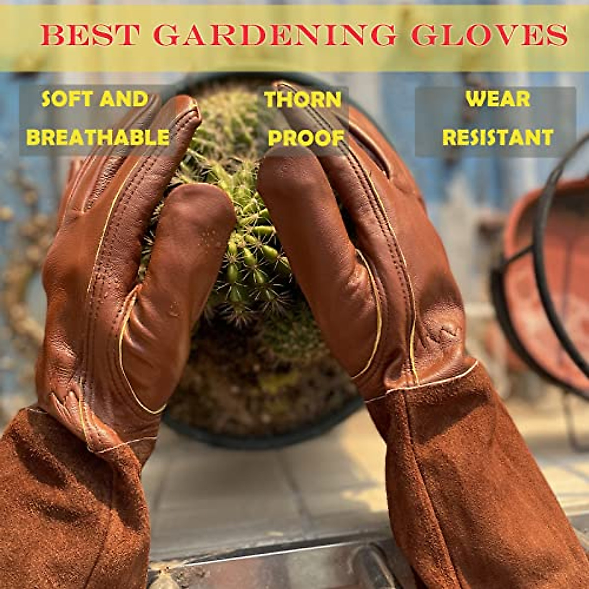AOUCHI Long Leather Gardening Gloves for Women Men Kid, Breathable Cowhide Rose Pruning Thorn Proof Gloves with  Forearm Protection, Sheepskin Palms Cowhide Sleeves Garden Yard Safety Work Gloves(S)