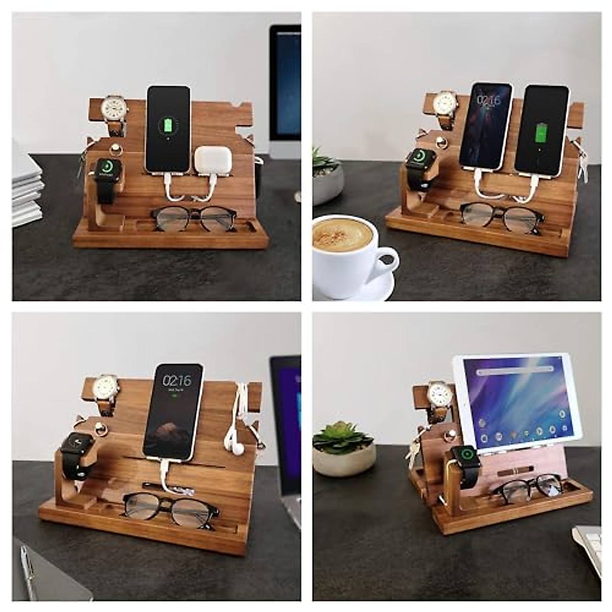 ETERLUCK Wooden Docking Station Men, Nightstand Organizer Bundle w/RFID Blocking Leather Wallet - Charging Station, Cell Phone Stand, Tablet Stand, Husband Gifts from Wife, for Dad - Walnut