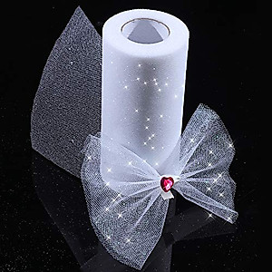 Senkary Glitter Tulle Roll Sparkling Tulle Ribbon Fabric Tulle Spool for Wedding Decoration Gift Wrapping, 6 Inch by 25 Yards (White)