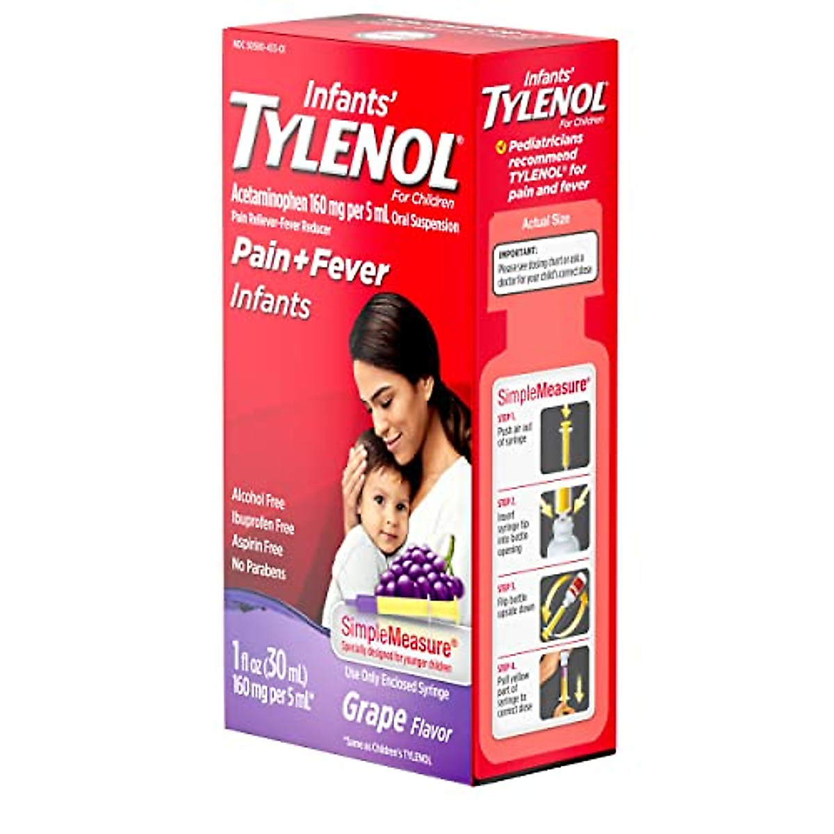 Tylenol Infants Oral Suspension Liquid Medicine with Acetaminophen, Baby Fever Reducer & Pain Reliever for Minor Aches & Pains, Sore Throat, Headache & Toothache, Grape Flavor, 1 fl. oz