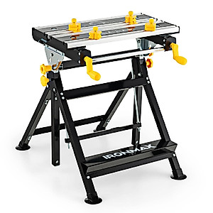 IRONMAX Portable Workbench, Folding Work Table with 7-Level Height Adjustable, 8 Sliding Clamps and Reclining, Folding Workbench and Vise for Cutting, Saw, Paint
