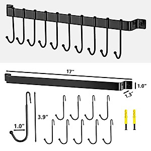 JEPRECO Kitchen Rail with 10 Hooks, Wall Mounted Iron Utensil Holder Hanging Pot Pan Rack Mug Cup Organizer,17 Inch Black