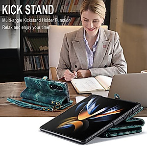 Defencase Wallet Case Compatible with Samsung Galaxy Z Fold 4 with Card Holder PU Leather Magnetic Snap Flip Zipper Strap Phone Case Fit for Galaxy Z Fold 4, Fashion Blue