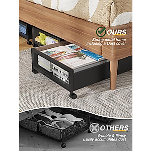 LEHOM Under Bed Storage with Wheels, Plastic Underbed Bins with Sturdy Metal Tubes Rolling Under Bed Drawer Storage Container with Window and Handle for Bedding, Clothes, Blanket, Shoes (2 Pack metal)