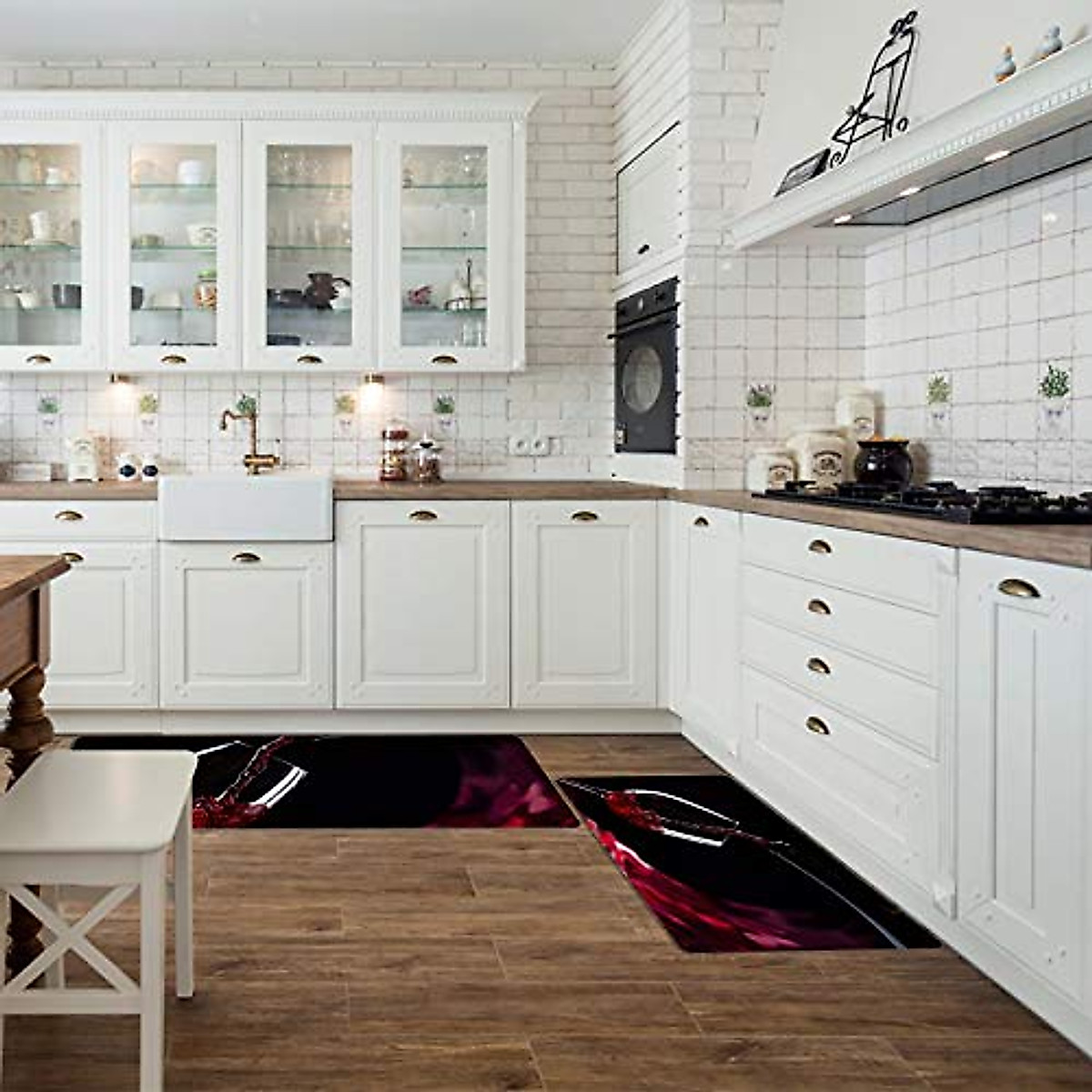 2 PCS Cushioned Anti-Fatigue Kitchen Mats and Rugs, Red Wine in Grass Absorbent Bath Mat Non-Slip Rug Accent Runner Floor Carpet Washable Indoor Doormat Standing Comfort Mat Abstract Black Background