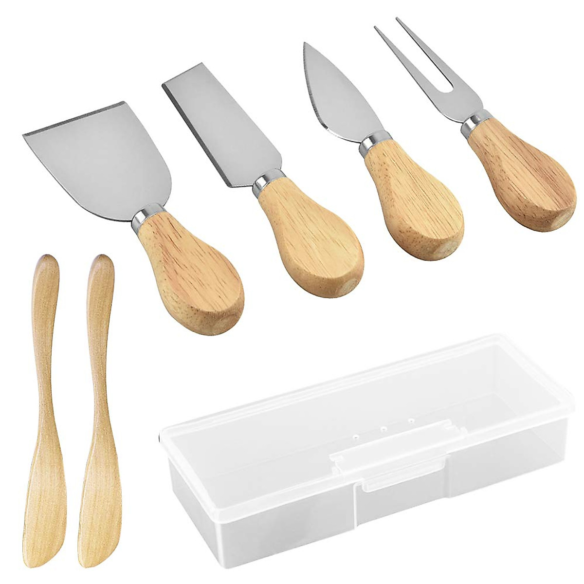 DanziX 6 Pcs Cheese Knife Set, Wood Handle Stainless Steel Cheese Cutter Fork Spreader Slicer with 2 Pcs Wooden Butter Knife