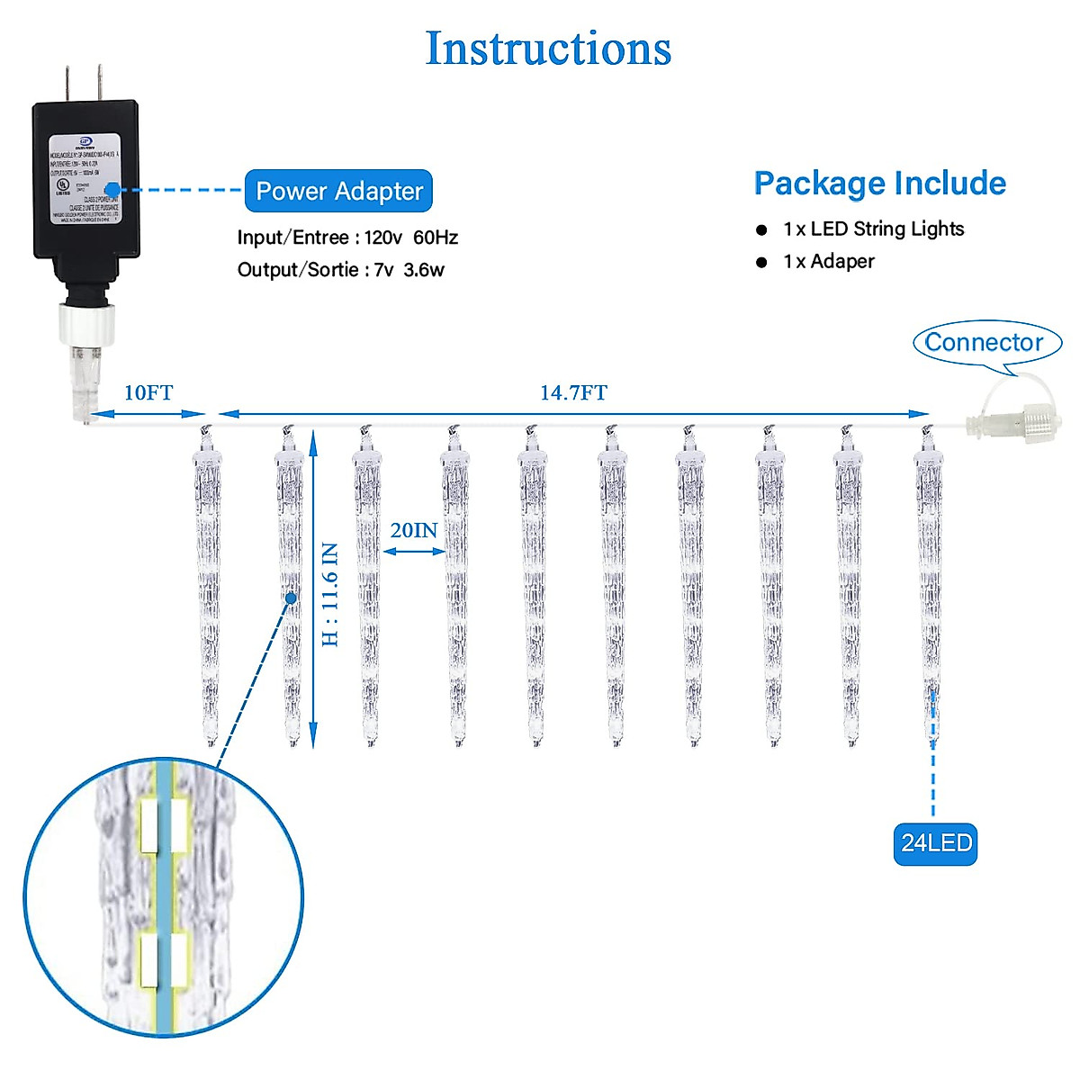 Icicle Lights Falling Rain Lights Meteor Shower Lights Christmas Lights, 10 Tubes 240 Twinkling LED, Falling Rain Drop Icicle String Lights for Christmas Trees, Christmas Decoration Holiday Wedding