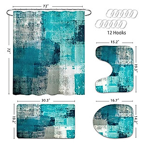 MitoVilla 4 Pcs Teal Blue Bathroom Sets with Shower Curtain and Rugs, Turquoise Shower Curtain Sets with Rugs for Bathroom Decor, Ombre Grunge Bathroom Decor Curtain Sets with Mats and Accessories