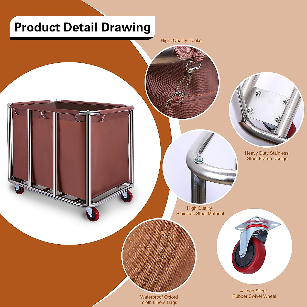 Commercial Laundry cart with Wheels,400L Large Laundry Basket with Wheels,Laundry Hamper on Wheels Heavy Duty with Steel Frame and Oxford Cloth, 440Lbs Load (Brown)