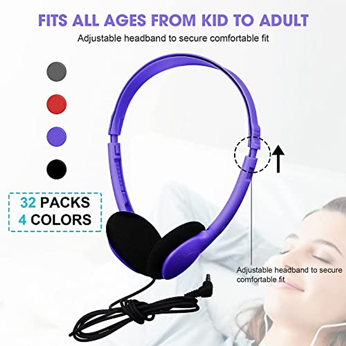 Konohan 32 Pack Headphones Student Headphone Adjustable on Ear Headphone Library Headphone Wire Classroom Headphone with 3.5 mm Headphone Plug for Boys Girls Adults School (Red, Purple, Gray, Black)